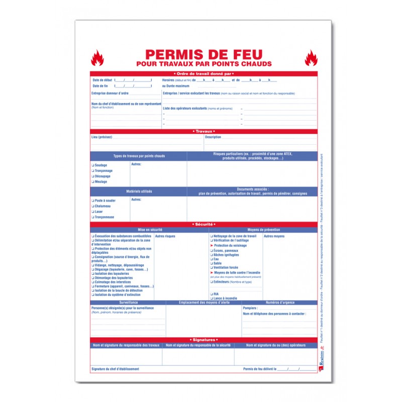 REGISTRE DE SECURITE - PERMIS DE FEU POUR TRAVAUX PAR POINTS CHAUDS (P034)